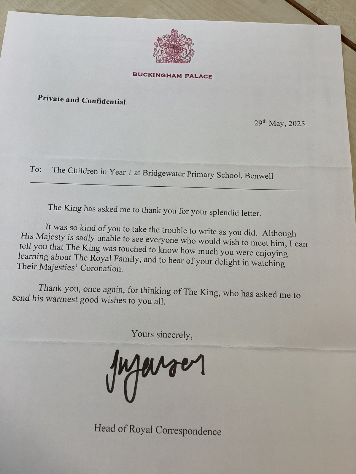 Letter from the King! « Bridgewater School